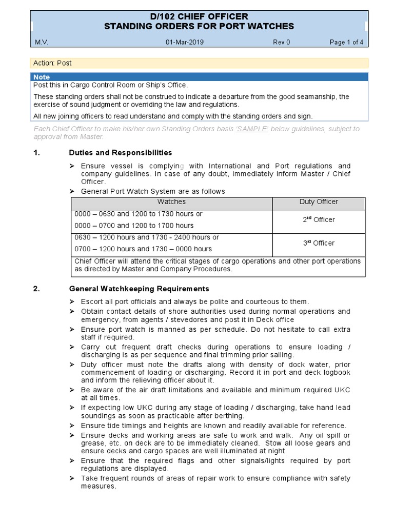 Chief Officer Standing Orders for Port | PDF | Port | Shipping