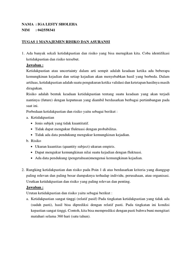 Tugas 1 Manajemen Risiko Dan Asuransi | PDF