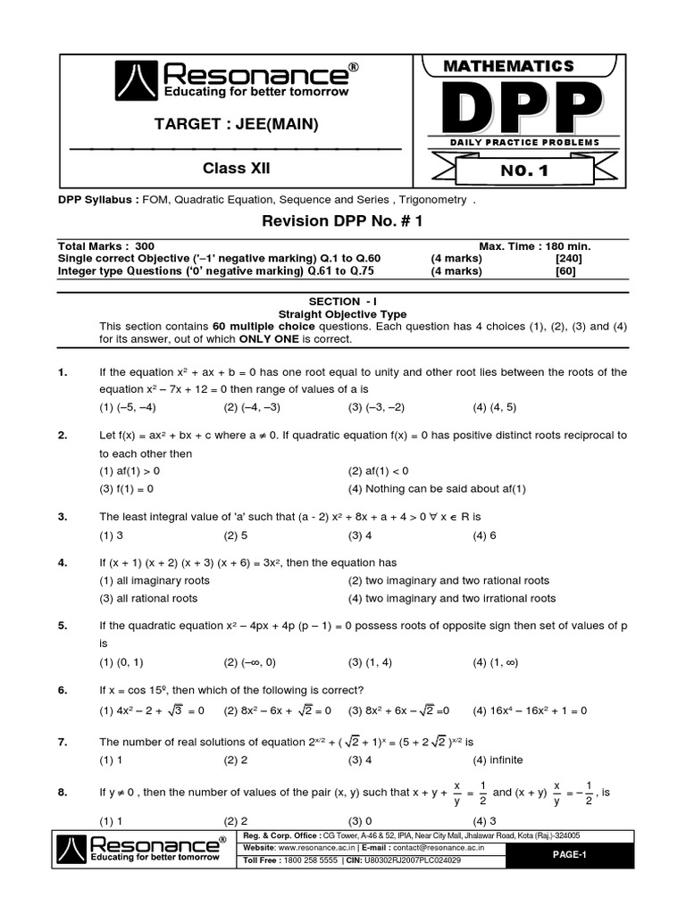 Resonance Revision DPP Maths 1-8 2022 | PDF | Circle | Mathematics