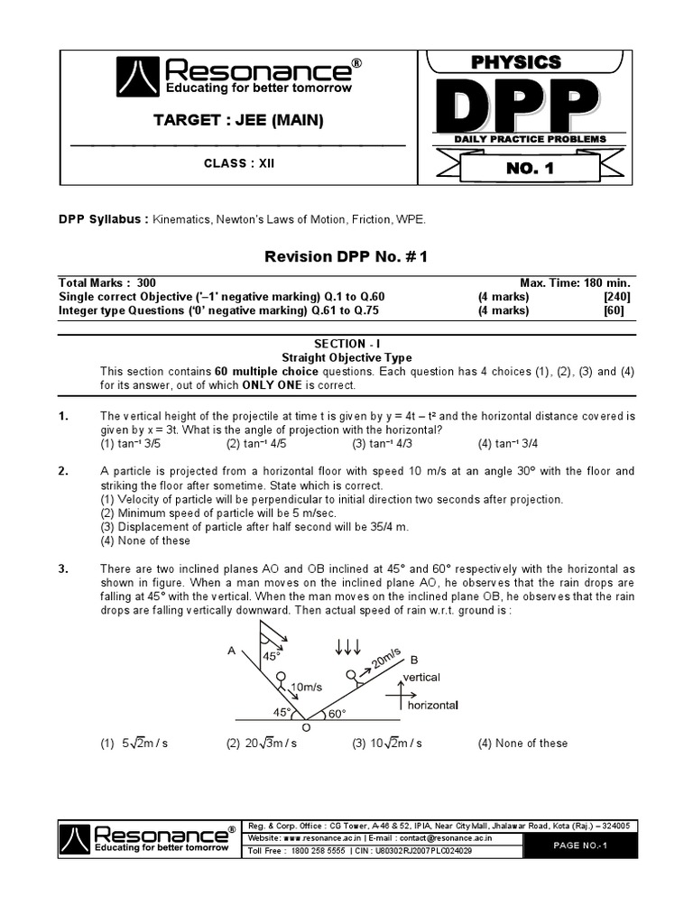 Resonance Revision DPP Physics 1 To 8 Sets JEE MAINS & ADVANCED 2022 | PDF | Collision | Force