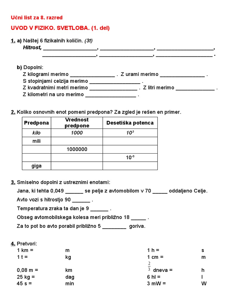 Učni List Uvod V Fiziko. Svetloba (Do Vključno Slik Z Zbiralno Lečo) | PDF