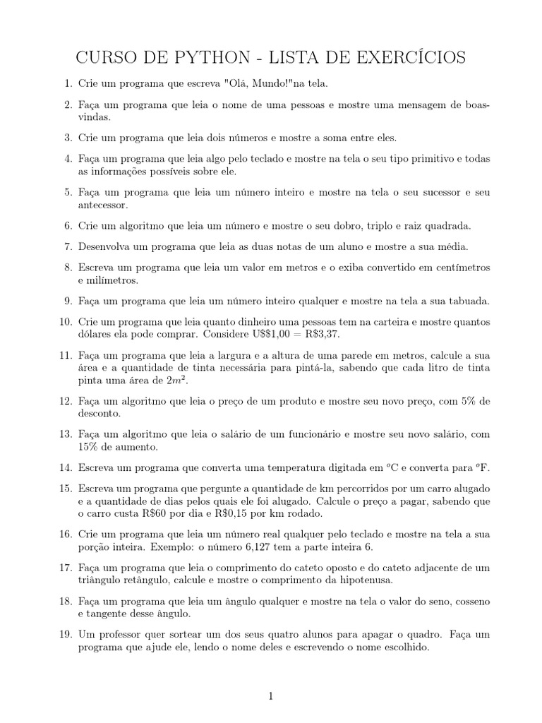Lista De Exercícios De Python Introdução à Linguagem Com Desafios Para Praticar Conceitos 