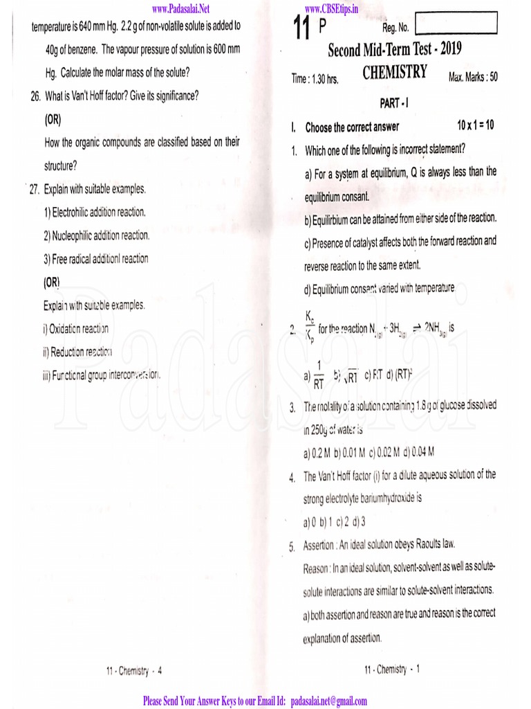 11th Chemistry - Second Mid Term 2019 Question Paper - English Medium ...