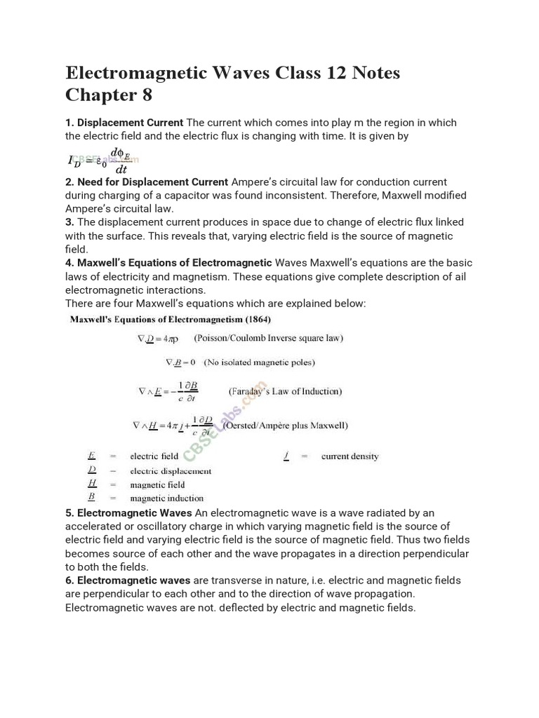 Class 12 Electromagnetic Waves Notes | PDF | Electromagnetic Radiation ...