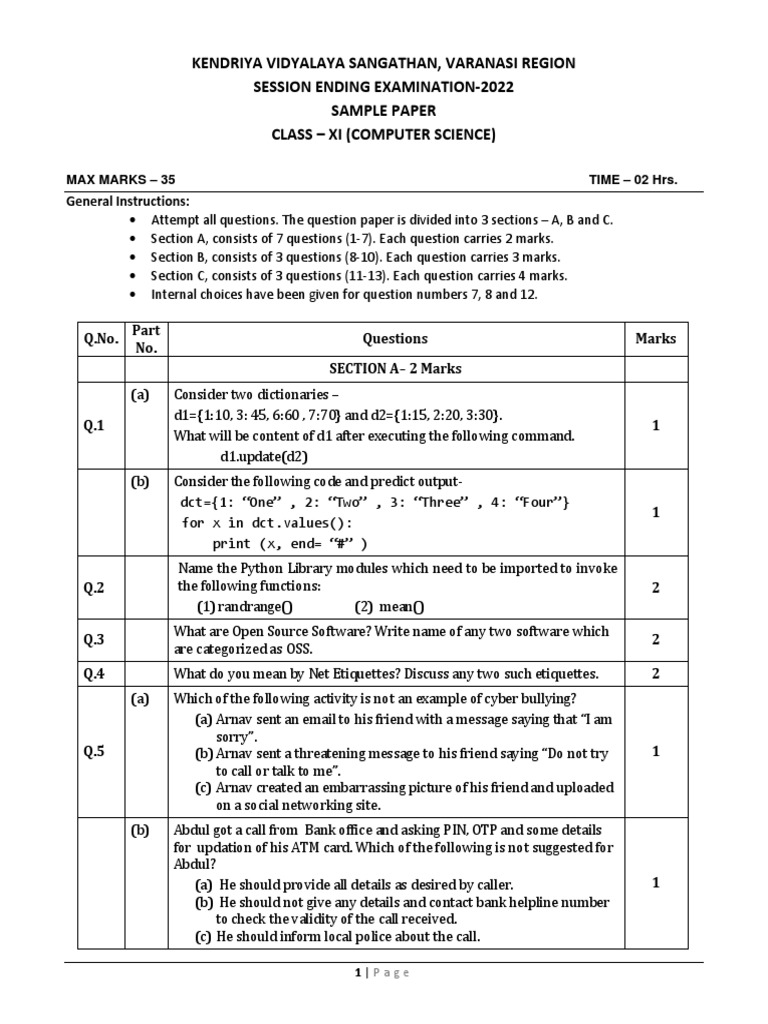 XI CS SamplePaper | PDF | Software | Computer Engineering