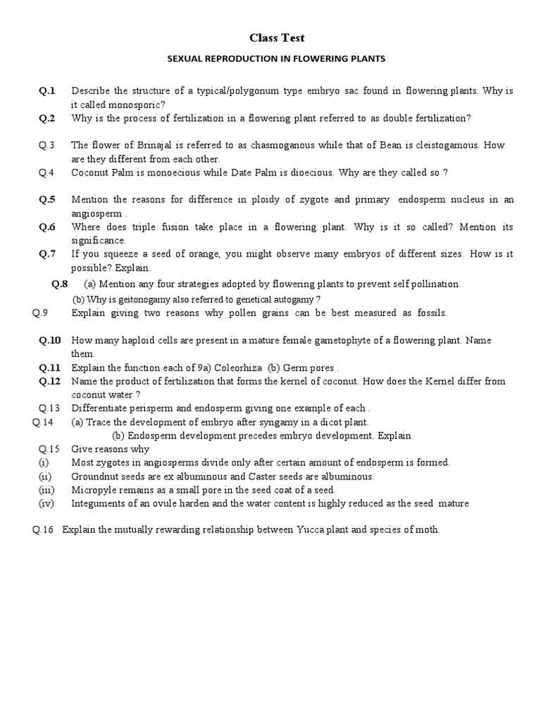 Reproduction in Plants Class Test | PDF