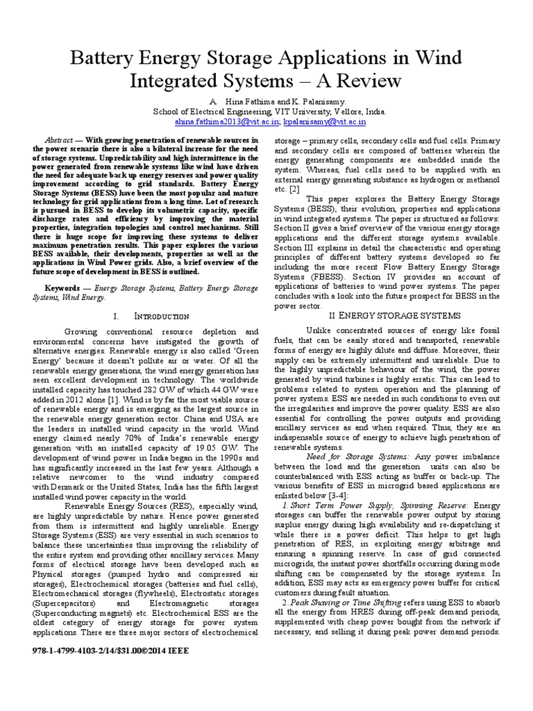 Battery Energy Storage Applications in Wind Integrated Systems - A ...