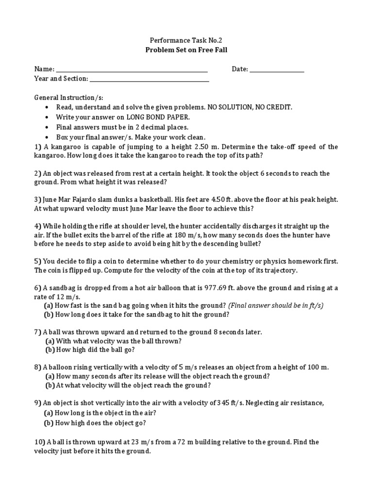 PT 2 - Problem Set Free Fall | PDF