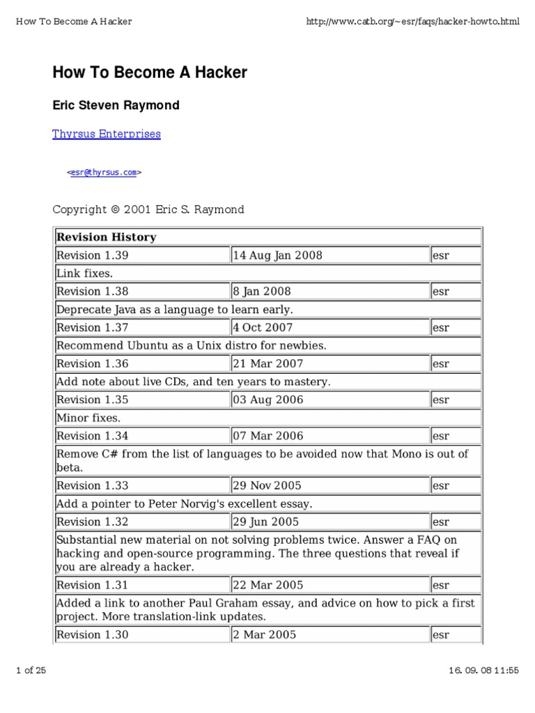How To Become A Hacker by Eric Steven Raymond (Revision v1.39) | PDF