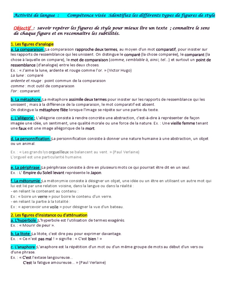 Les Figures de Style Cours 1ere Bac | PDF | Métaphore | Techniques de ...