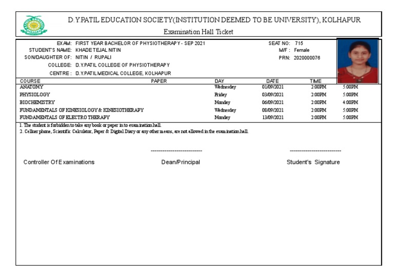 Examination Hall Ticket D.Y.Patil Education Society (Institution Deemed ...
