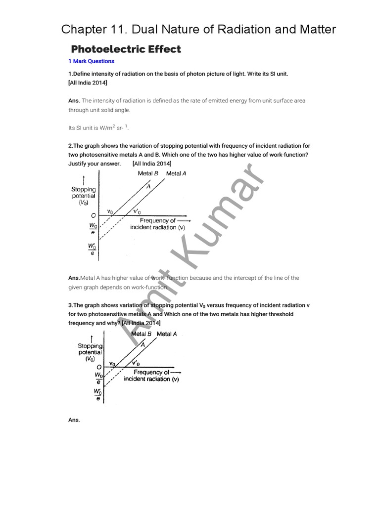 Physics Value Based Questions Chapter 11 Dual Nature of Radiation and ...