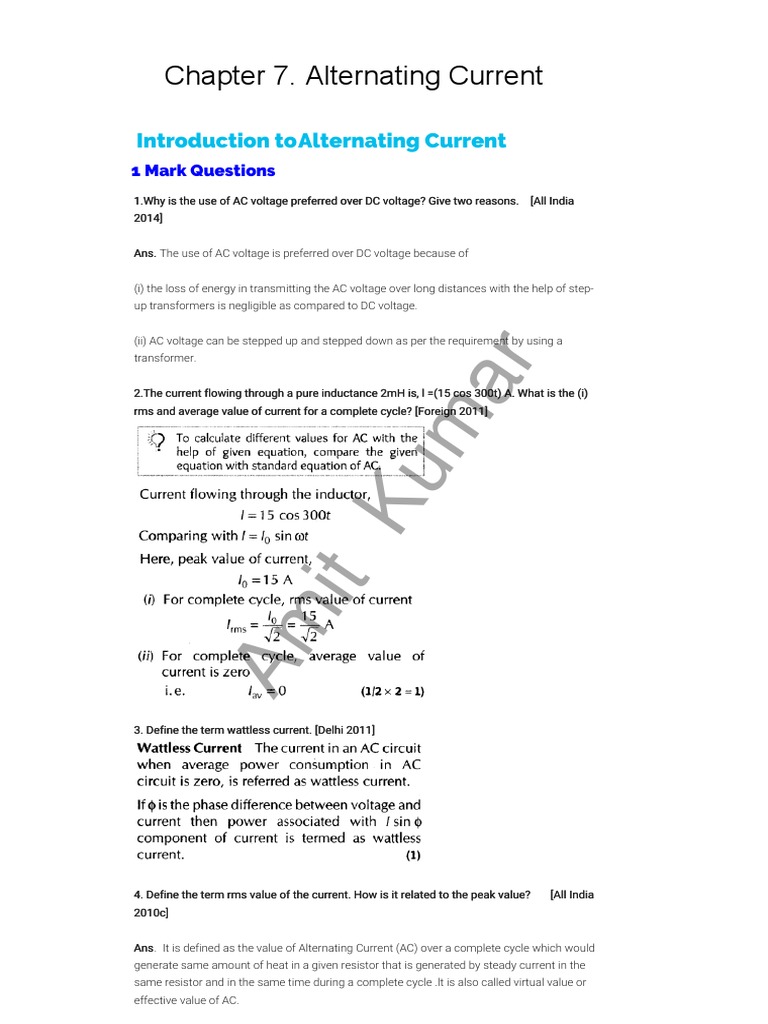 Physics Value Based Questions Chapter 7 Alternating Current PDF | PDF | Transformer | Inductor
