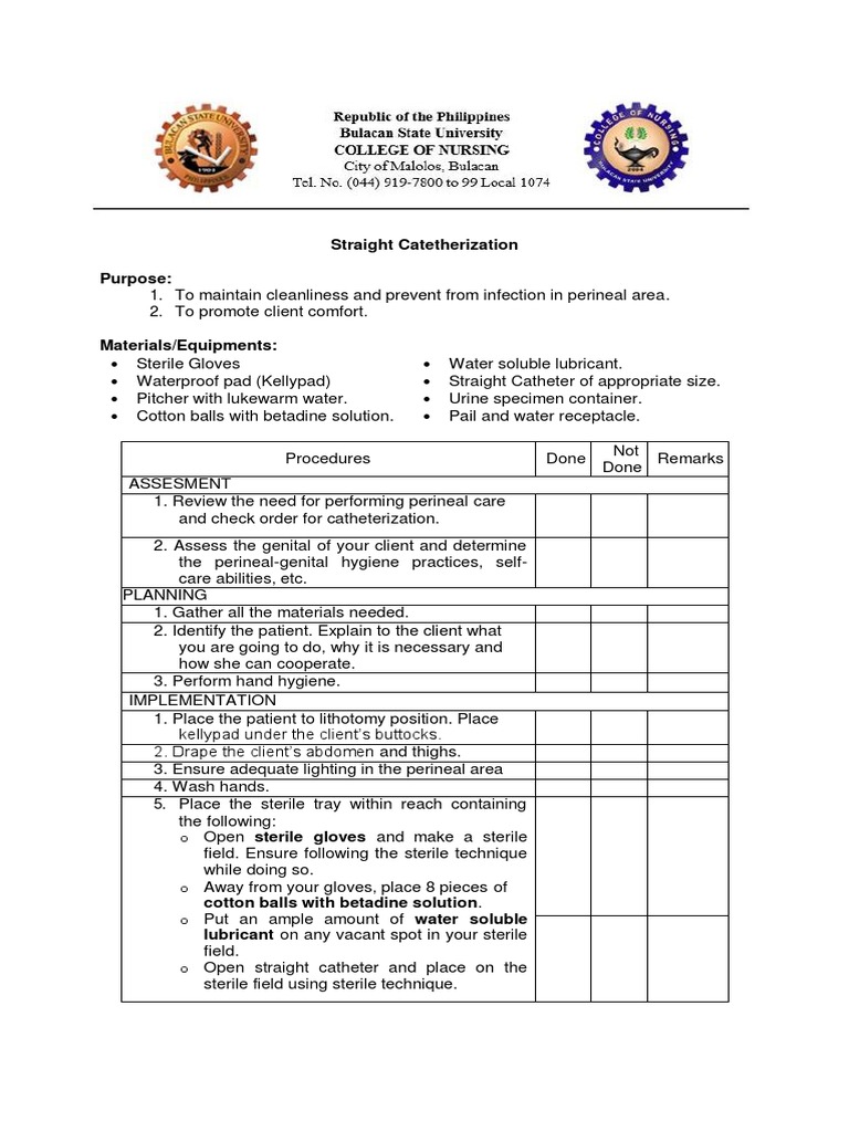 Straight Catetherization Checklist | PDF | Labia | Catheter