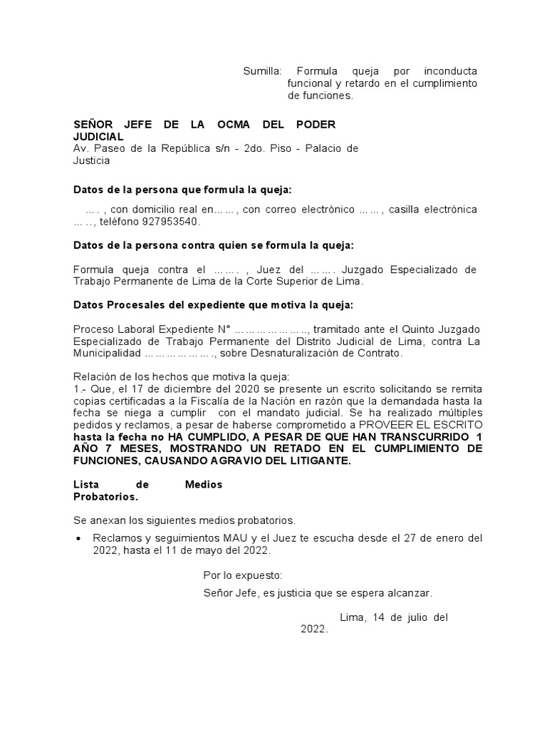 Modelo Queja Por Inconducta Funcional | PDF