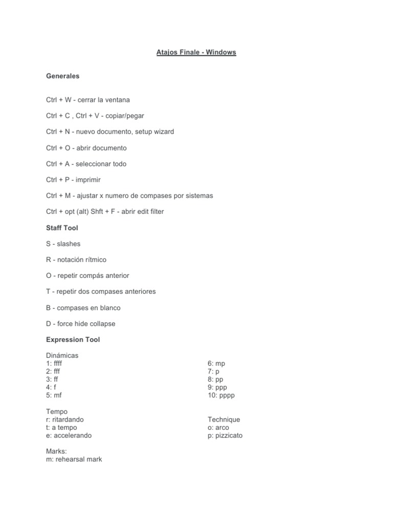 Atajos Finale para Windows | PDF