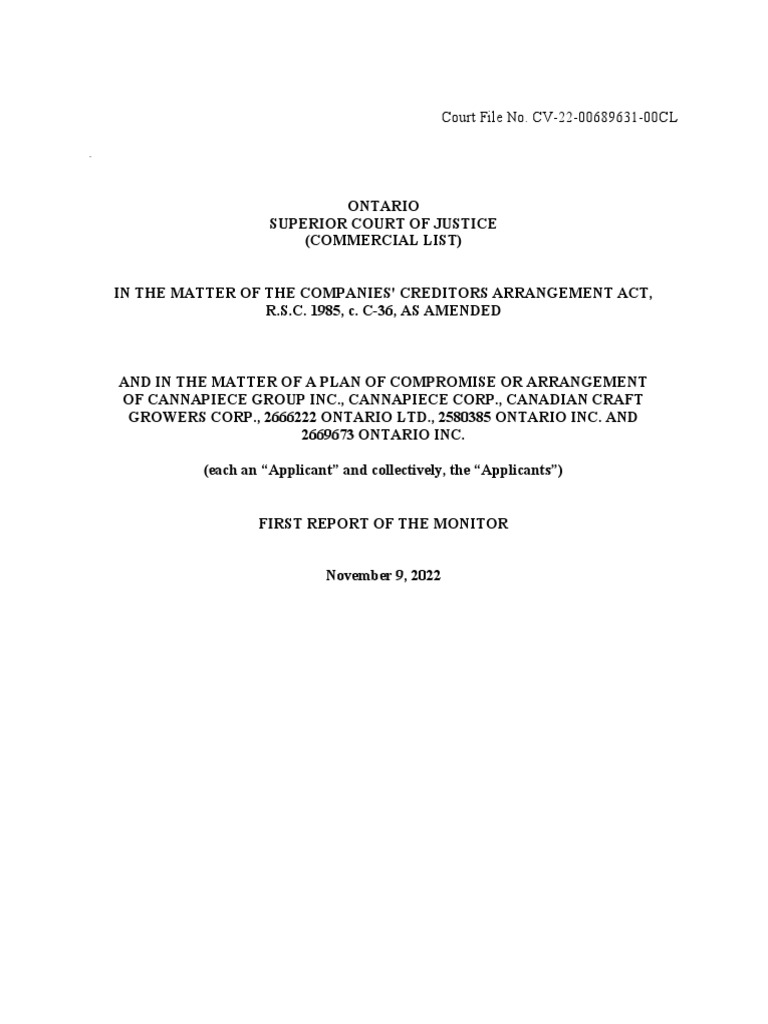 First Report of The Monitor, Dated November 9, 2022 | PDF | Auction | Debt