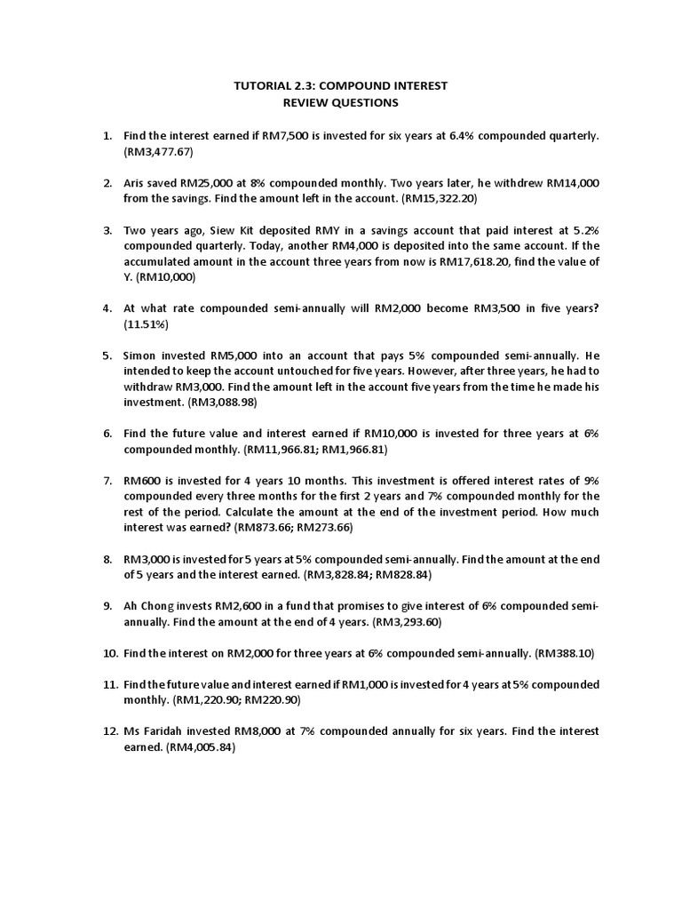 Compound Interest Tutorial Questions | PDF