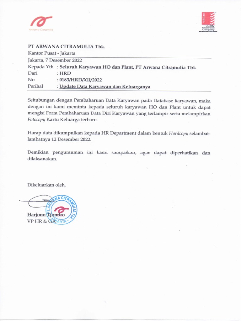 Pengumuman Pembaharuan Data Karyawan | PDF
