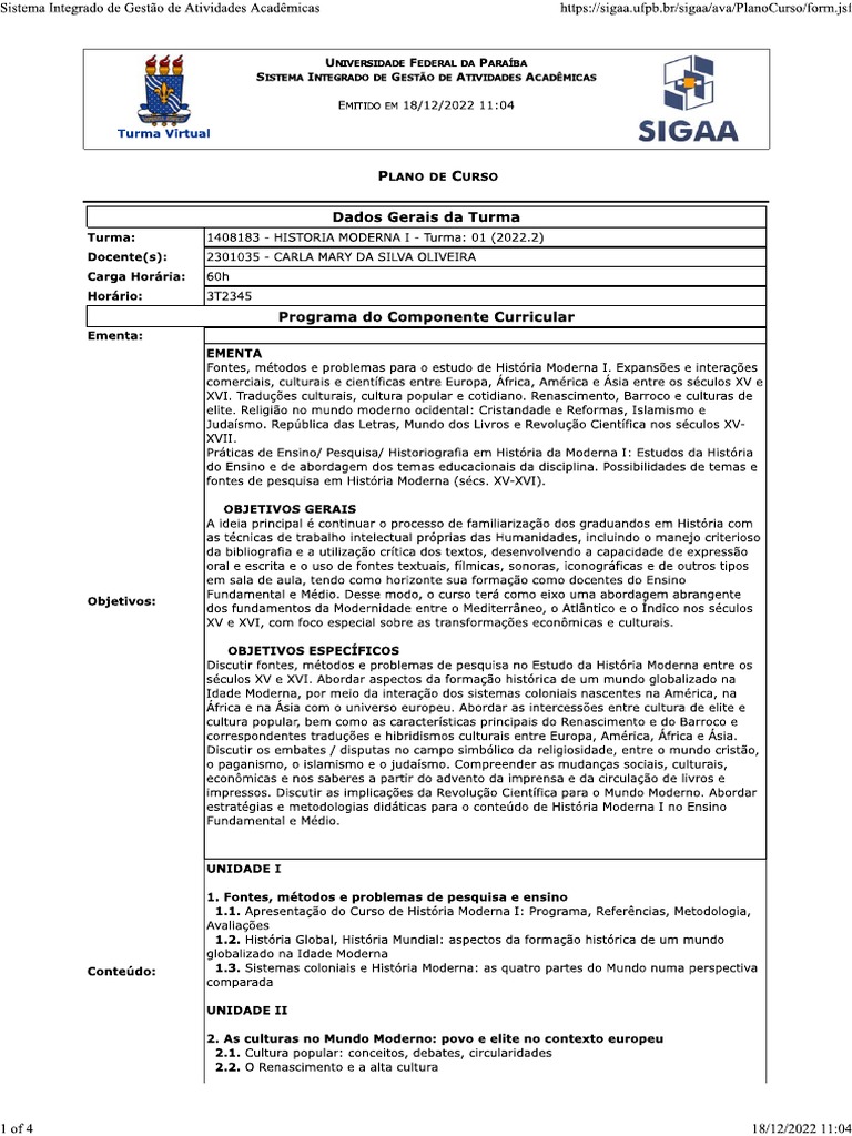 Programa - Hist Moderna I - 2022-2 | PDF