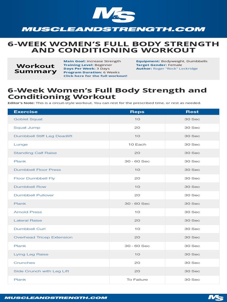 Workout: 6-Week Women'S Full Body Strength and Conditioning Workout ...