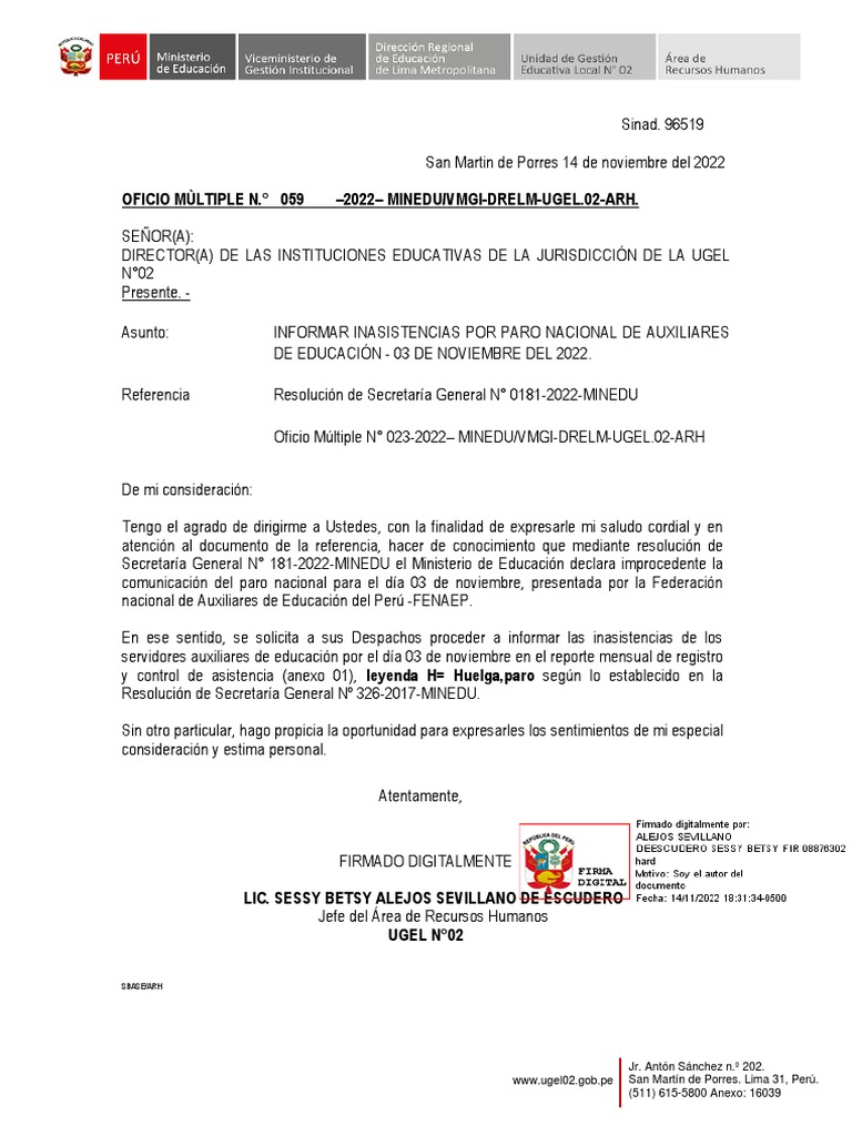 Oficio Multiple 059-2022-Arh Informar Inasistencias Por Paro Nacional de Auxiliares de ...