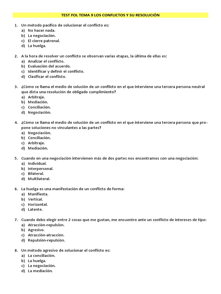 Test Fol Tema 9 Los Conflictos y Su Resolución | PDF | Negociación ...