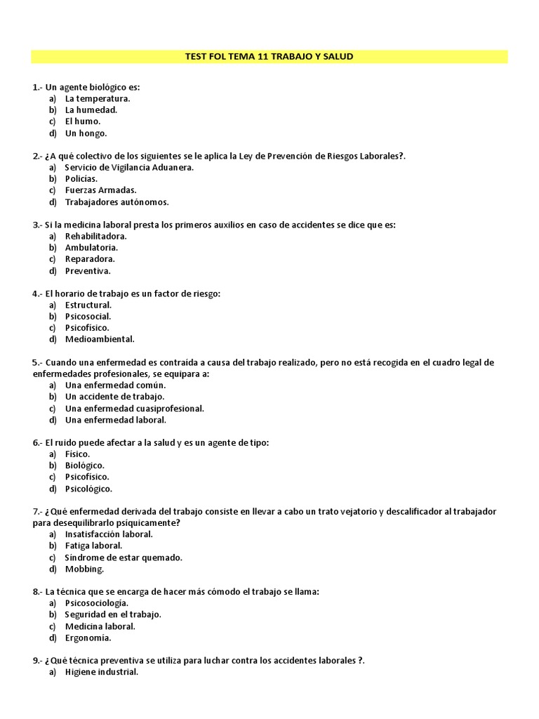 Test Fol Tema 11 Trabajo y Salud | PDF | Seguridad y salud ocupacional ...