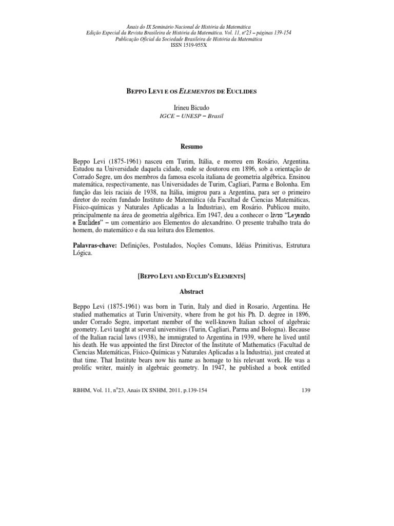 Bepo Levi e Os Elementos de Euclides - Bicudo | PDF | Axioma | Geometria
