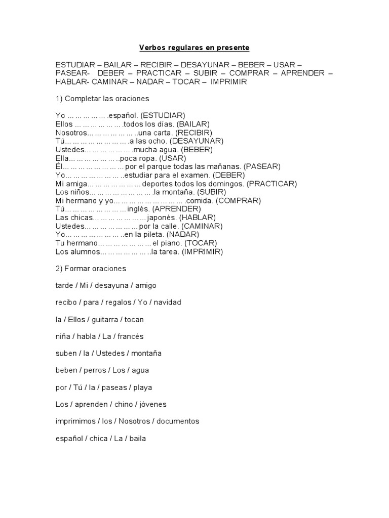 Presente Verbos Regulares Ejercicios | PDF