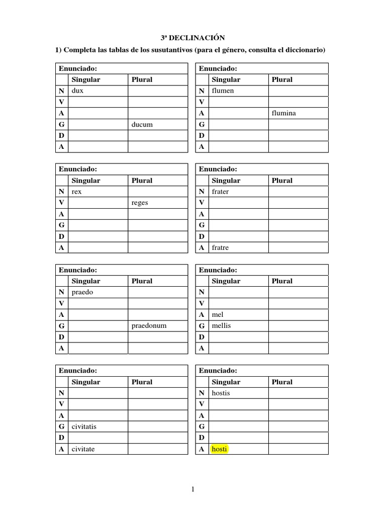 Tablas para Completar. 3 Declinación | PDF | Sintaxis | Relaciones sintácticas