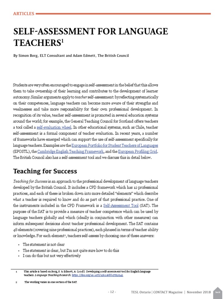 Self Assessment For Language Teachers | PDF | Educational Assessment ...