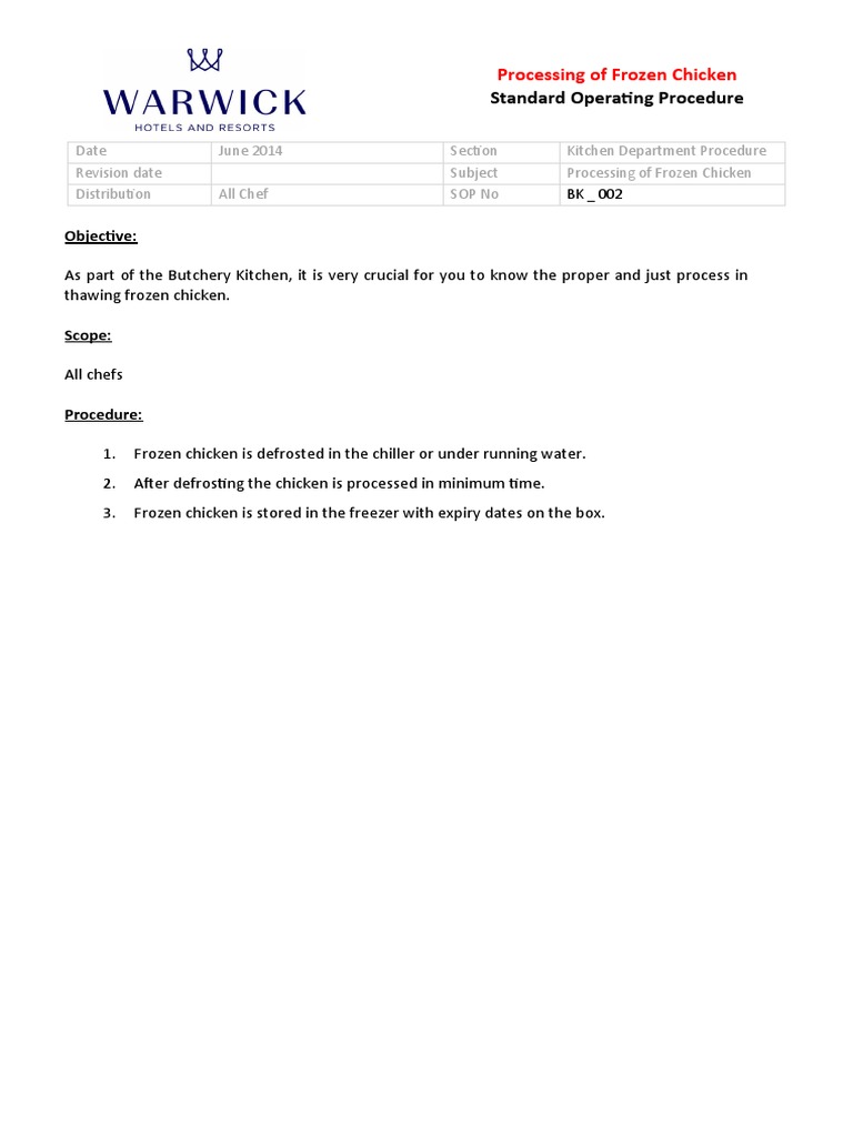 Thawing Procedures for Frozen Chicken | PDF