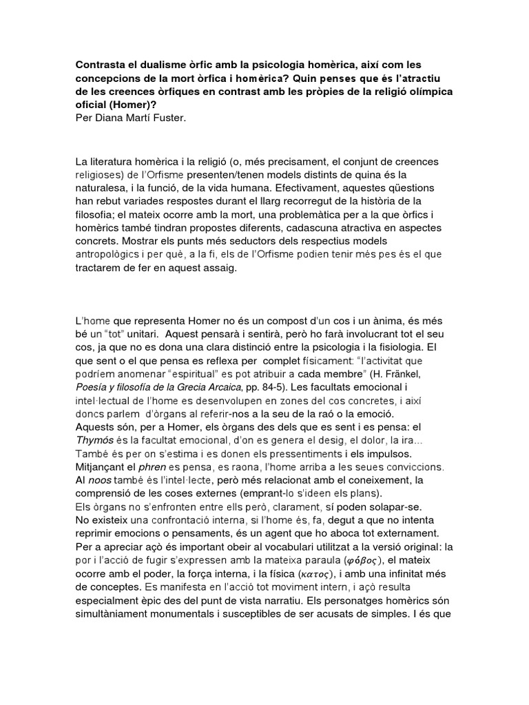 Contrast Entre El Dualisme Òrfic I La Psicologia Homèrica | PDF