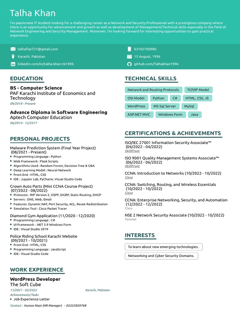 Talha's Resume | PDF | Computer Network | Cisco Certifications