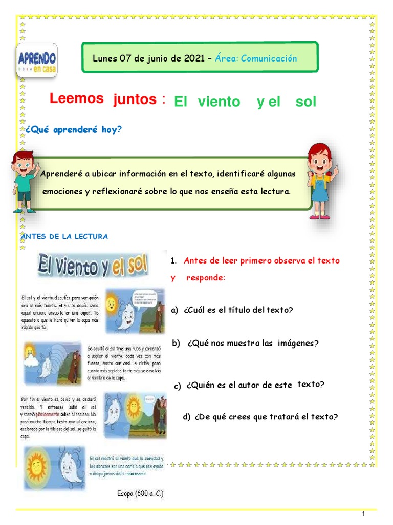 El Viento y El Sol Comprensión | PDF