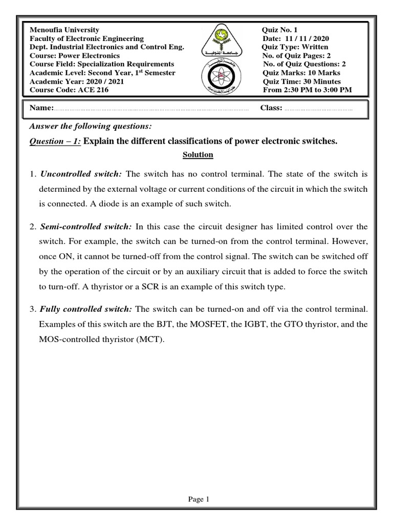 Quiz 1 - 1 Model Answer | PDF | Power Electronics | Switch