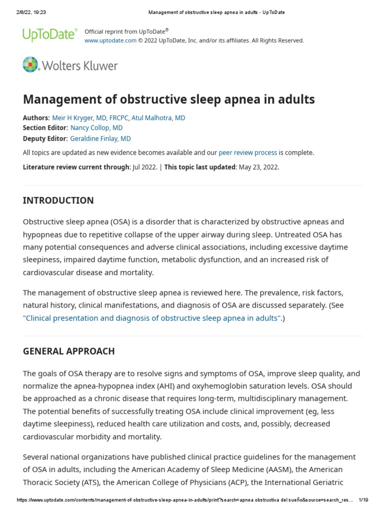 Management Of Obstructive Sleep Apnea In Adults Uptodate Pdf Sleep Apnea Obesity