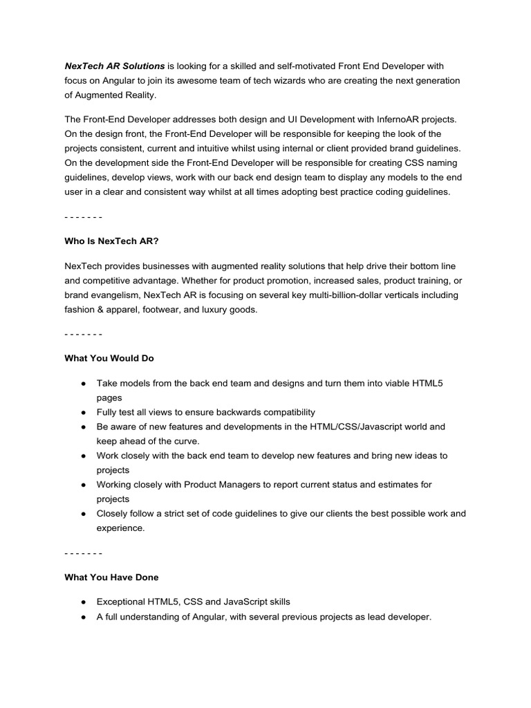 PDF - JD - Front End Developer (Angular) - NEXTECHAR | PDF | Html5 | Augmented Reality