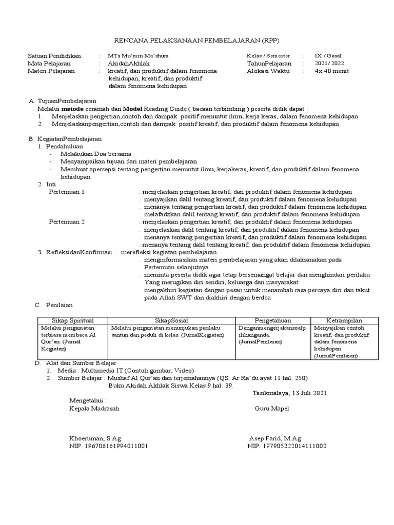 CONTOH RPP - 1 - Lembar - Akidah - 9 - Tentang - Produktif | PDF