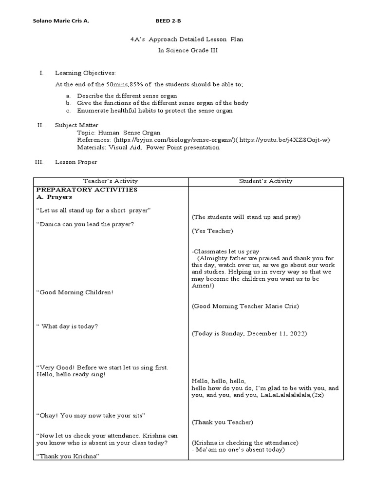 Lesson Plan Solano | PDF | Senses | Taste