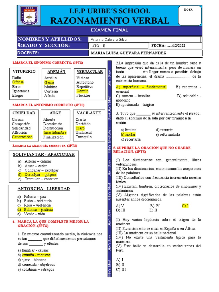 Raz. Verbal 4° Sec. | PDF