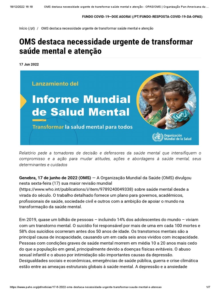 Oms Destaca Necessidade Urgente De Transformar Saúde Mental E Atenção