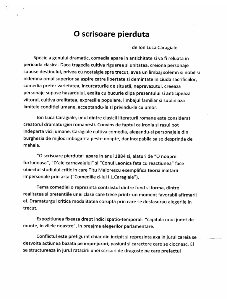 Eseu - O Scrisoare Pierduta - IL Caragiale | PDF