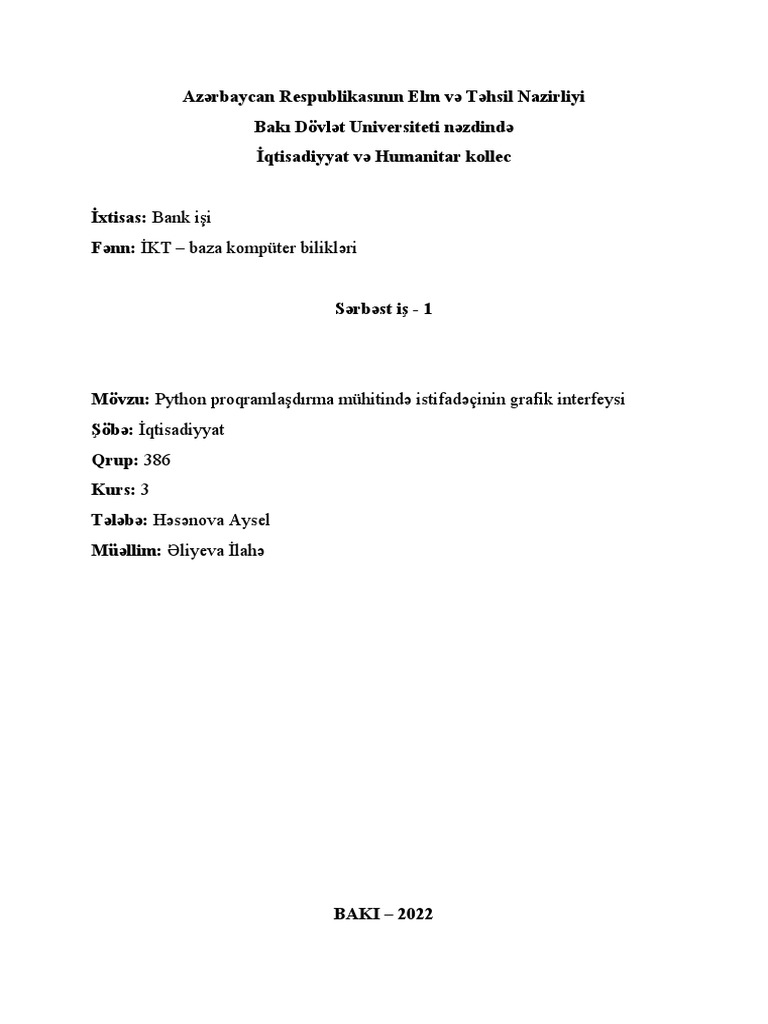 Python Proqramlaşdırma Mühitində Istifadəçinin Grafik Interfeysi | PDF
