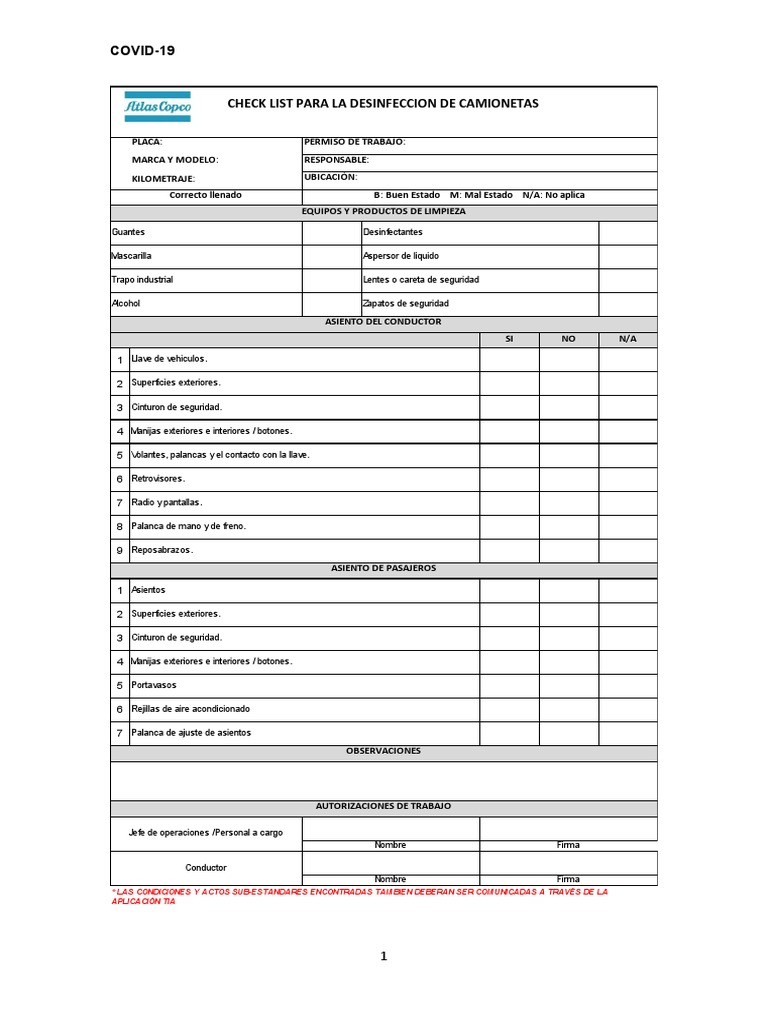 Check List de Limpieza y Desinfeccion de Las Areas Comunes y Vehículos ... Check List de Limpieza y Desinfeccion de Las Areas Comunes y Vehículos ...