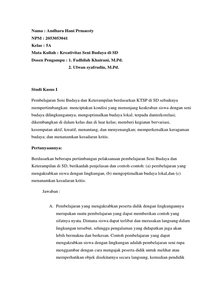 UTS - Kreativitas Seni Budaya Di SD - Andhara Hani P - 2053053041 | PDF