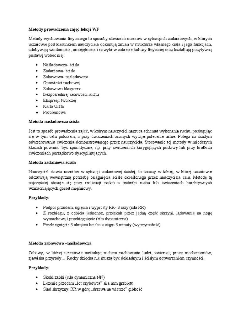 Metody Prowadzenia Zajęć Lekcji WF | PDF