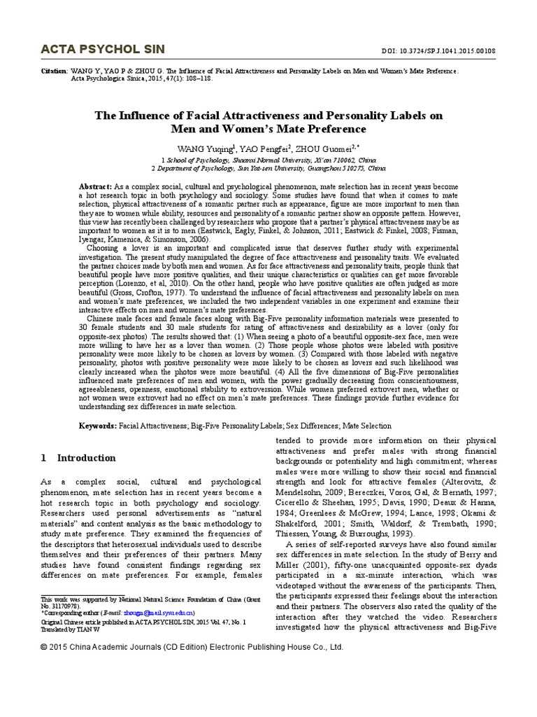 The Influence of Facial Attractiveness and Personality Labels On Men and Women&Rsquo - S Mate ...