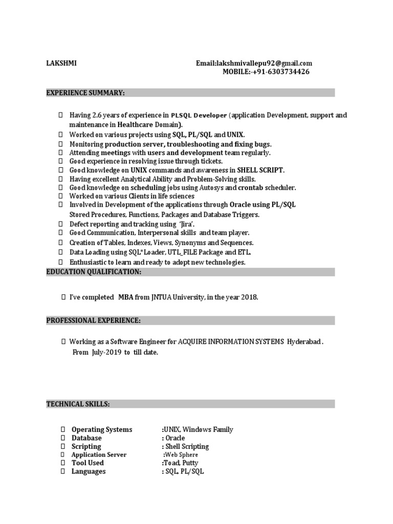 Lakshmi Resume | PDF | Pl/Sql | Databases